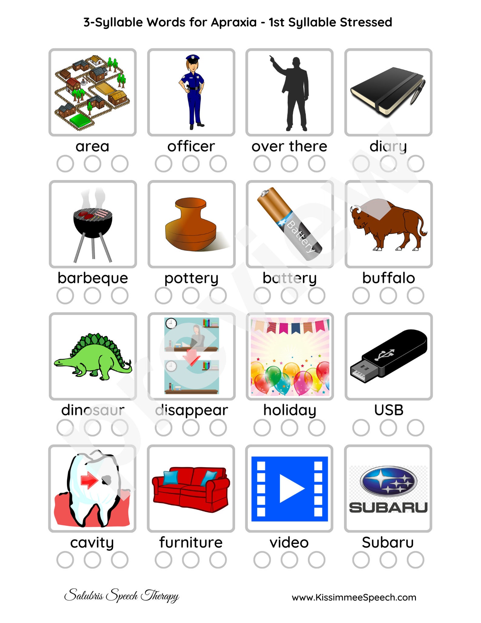 3-syllable Words for Apraxia - 128 Words! - Speech Therapy Worksheets ...