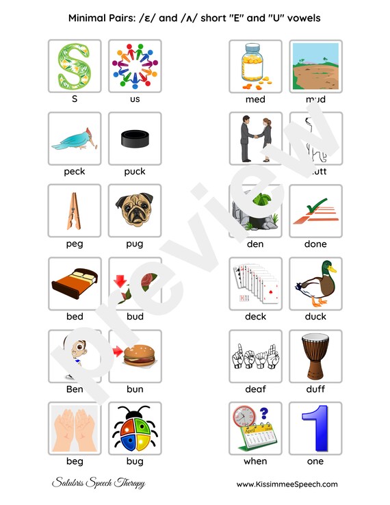 Minimal Pairs Short E & U Vowels 2 Pages Speech Therapy - Etsy