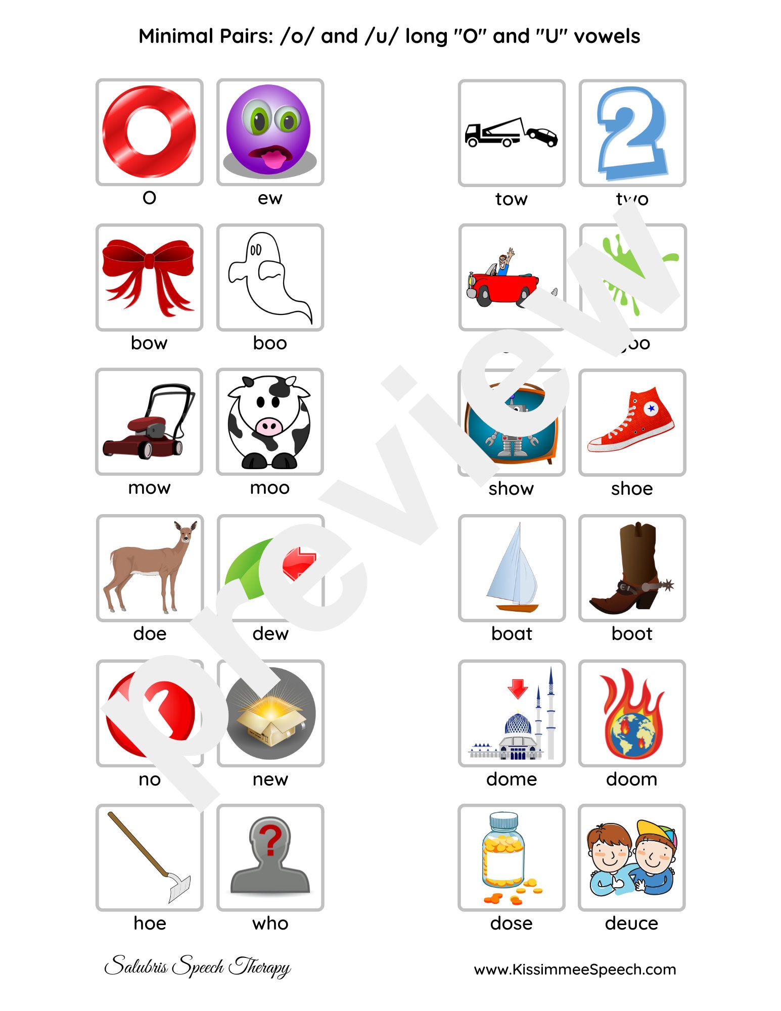Minimal Pairs - Long O & U Vowels - Speech Therapy Articulation ...