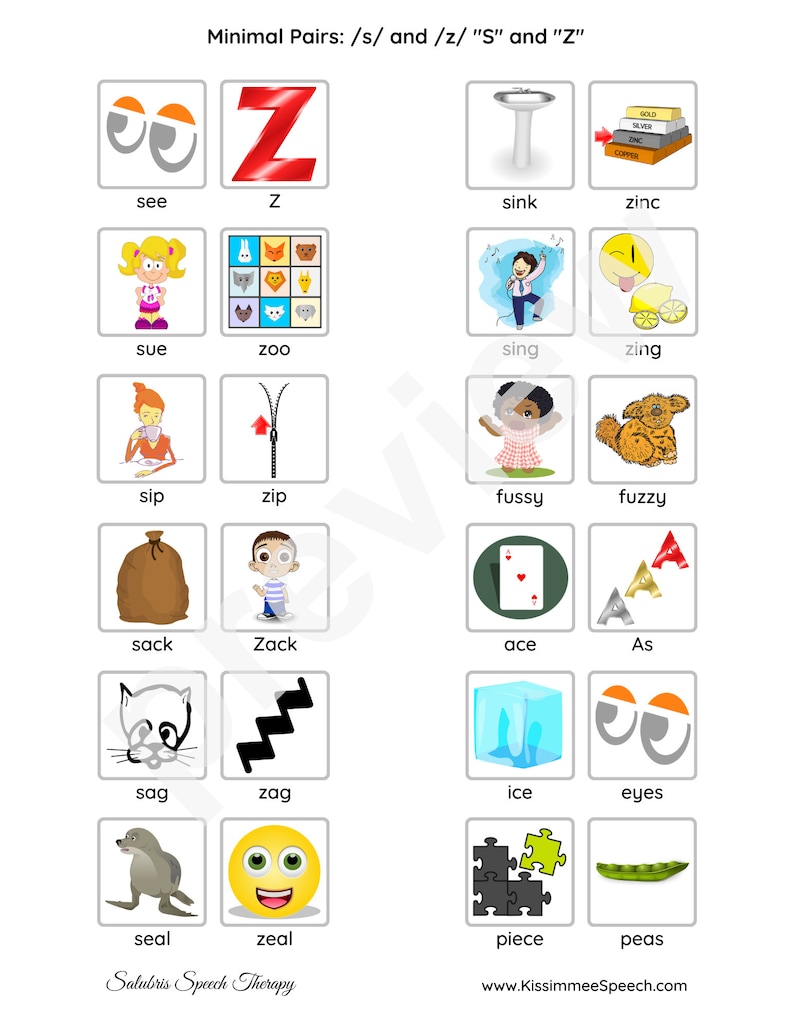Minimal Pairs for "s" and "z" Phonemes for Speech Therapy Practice - 3 ...