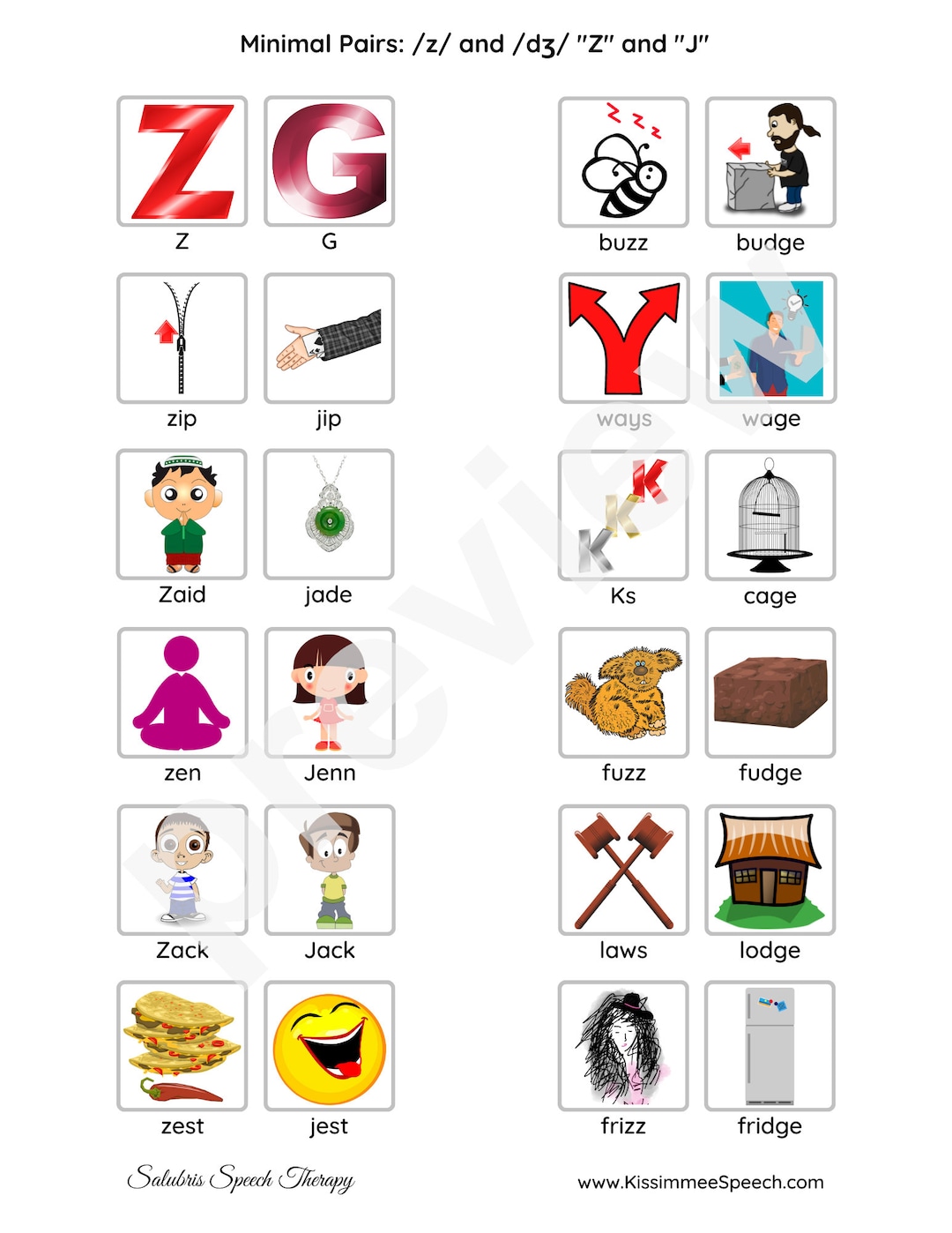 Minimal Pairs for "z" & "j" Phonemes for Speech Therapy Practice - Full ...
