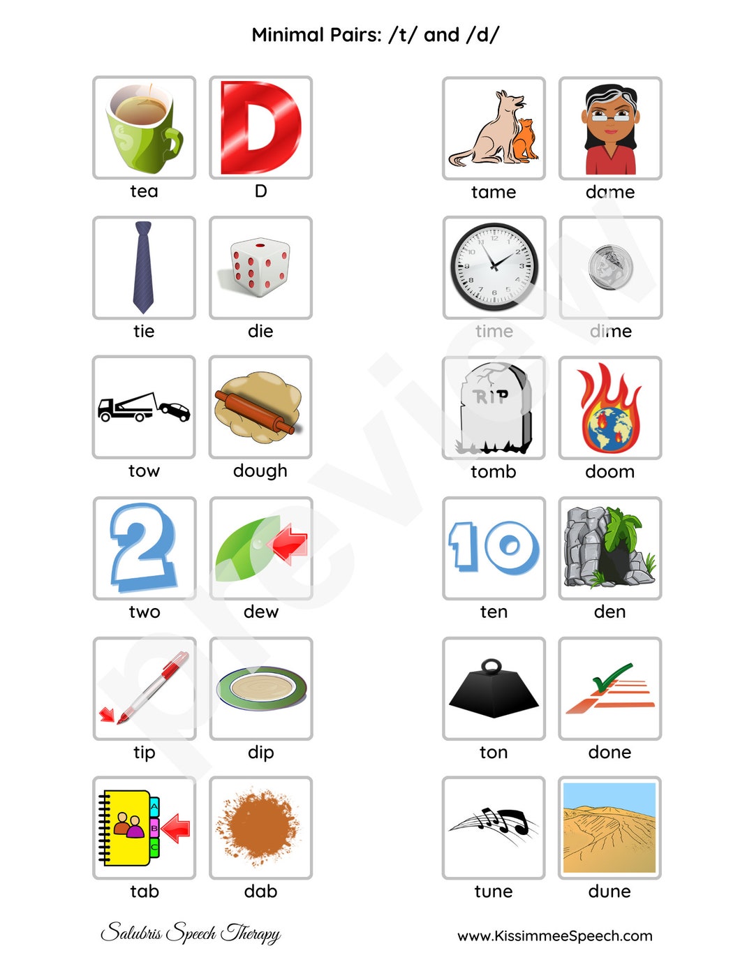 Minimal Pairs for "t" & "d" Phonemes for Speech Therapy Practice - 5 ...