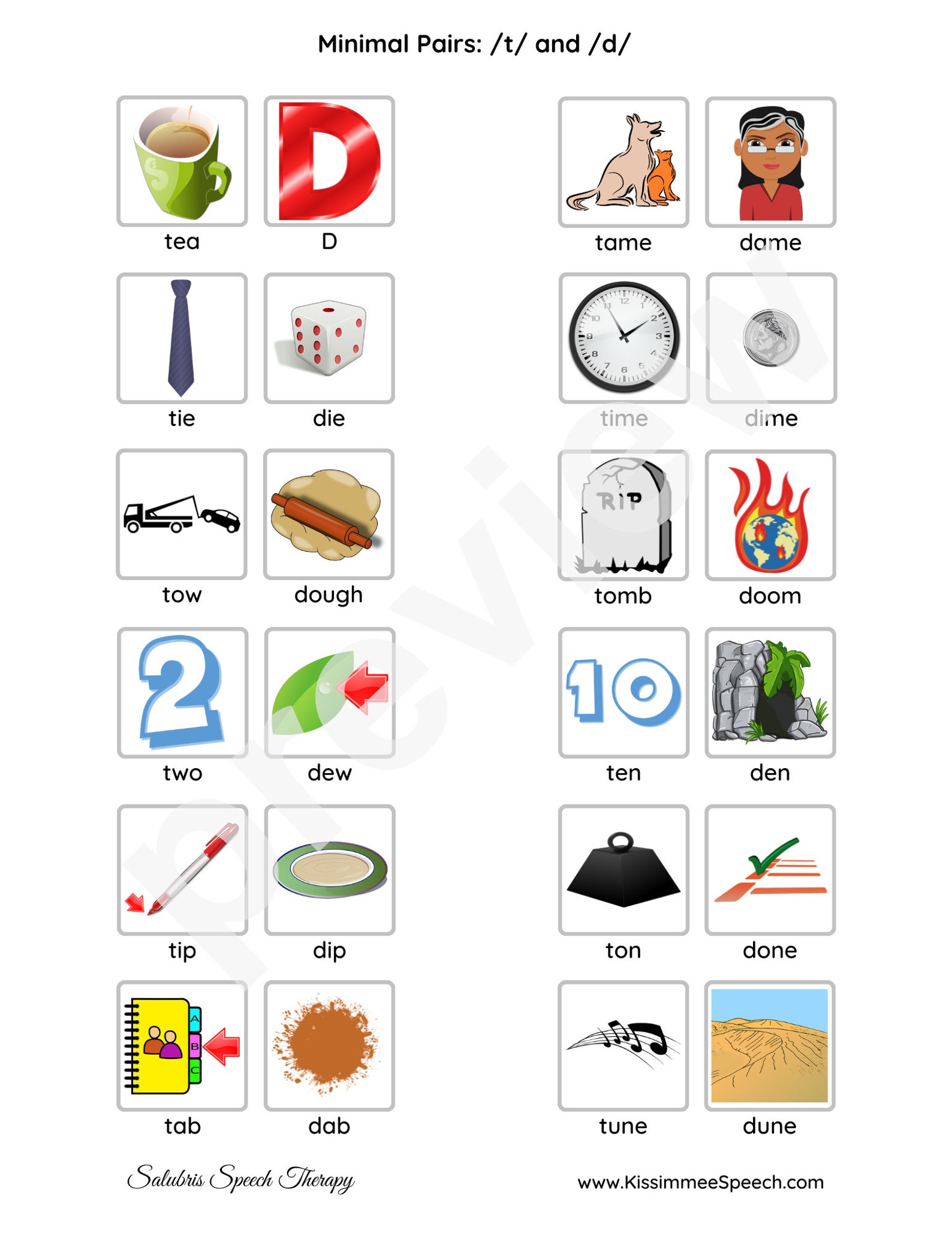 Minimal Pairs for t & d Phonemes for Speech Therapy Practice 5 Pages - Etsy