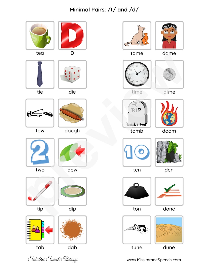 Minimal Pairs for "t" & "d" Phonemes for Speech Therapy Practice - 5 ...