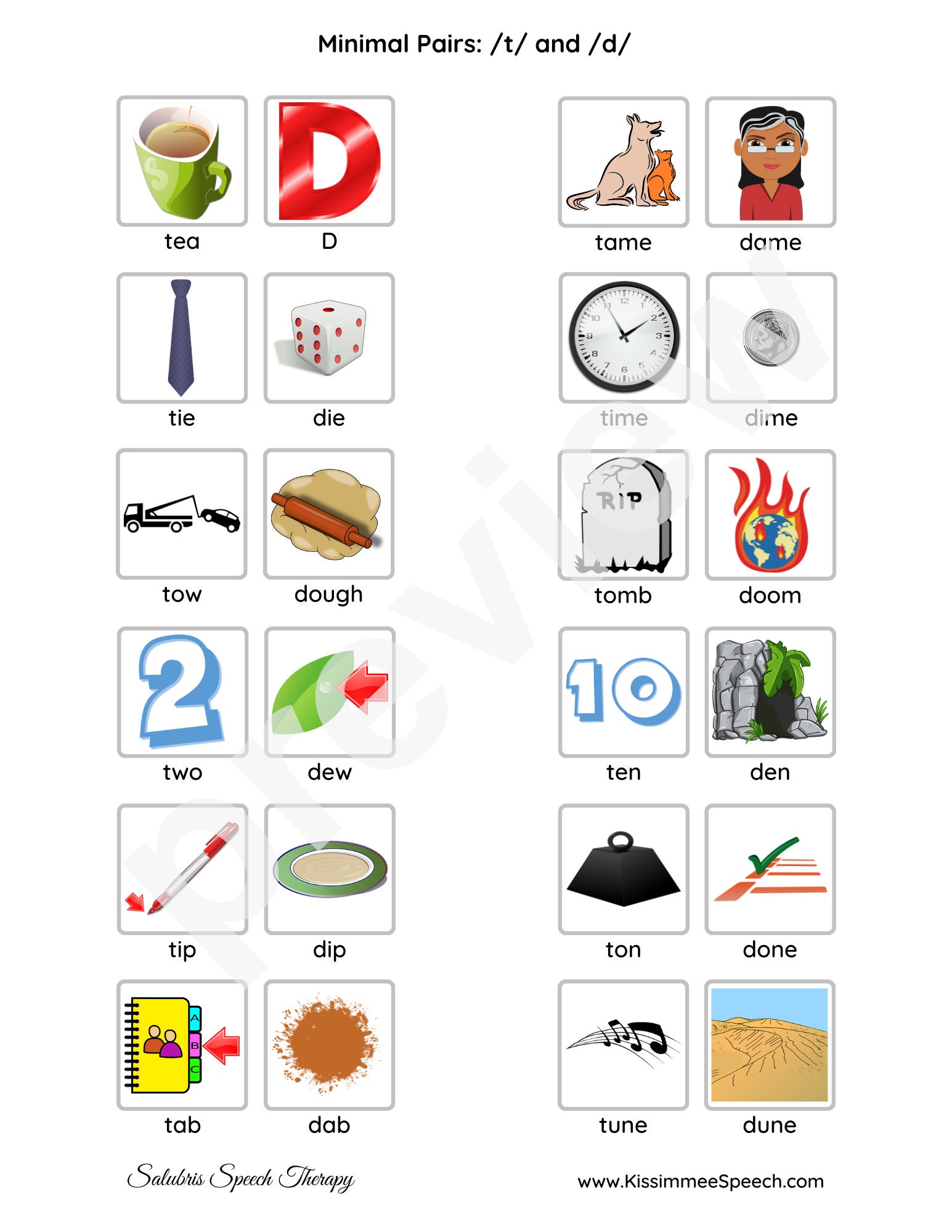 Minimal Pairs for "t" & "d" Phonemes for Speech Therapy Practice - 5 ...