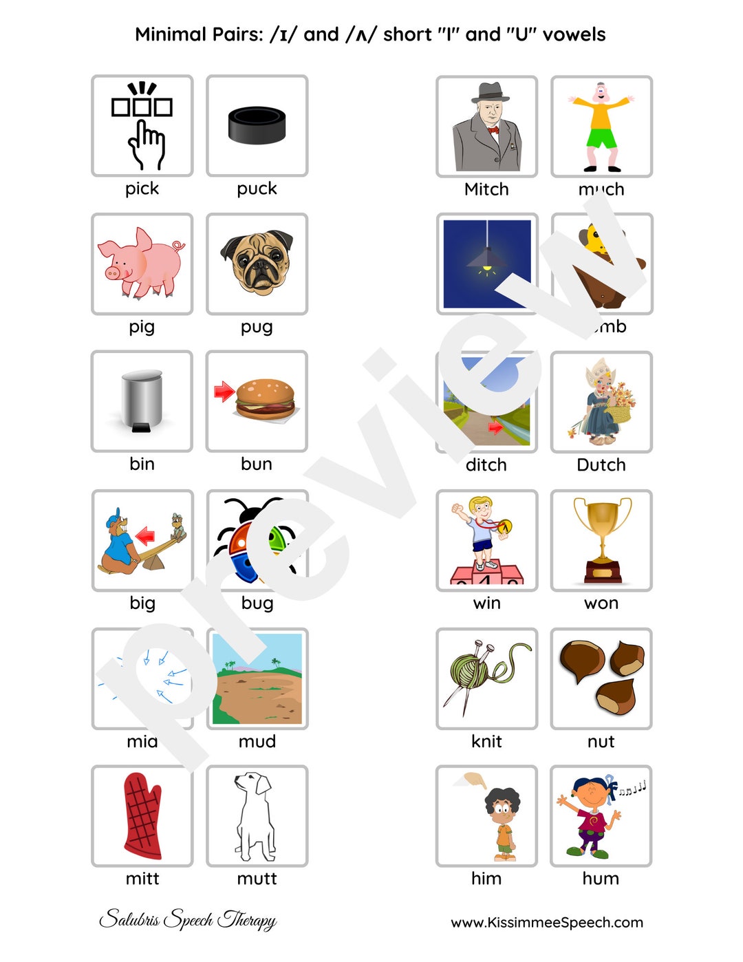 Minimal Pairs - Short I & U Vowels - 3 Pages - Speech Therapy ...