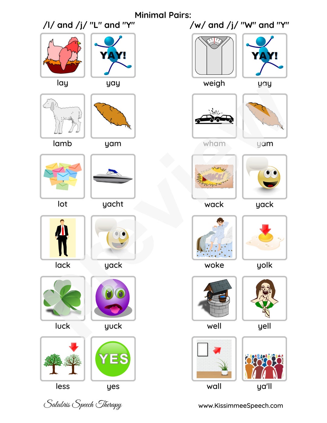 Minimal Pairs for "l" + "y" and "y" + "w" Phonemes for Speech Therapy ...