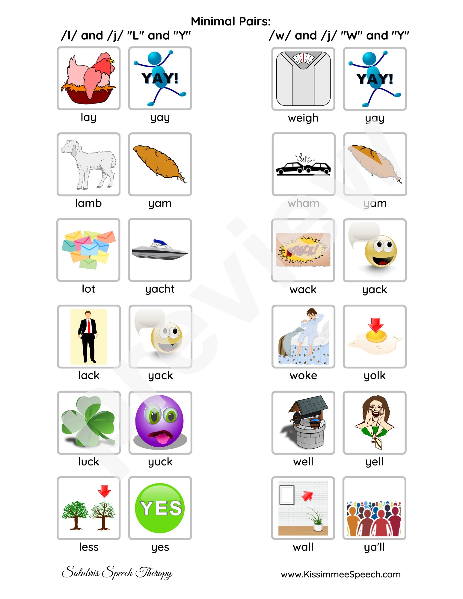 Minimal Pairs for "l" + "y" and "y" + "w" Phonemes for Speech Therapy ...