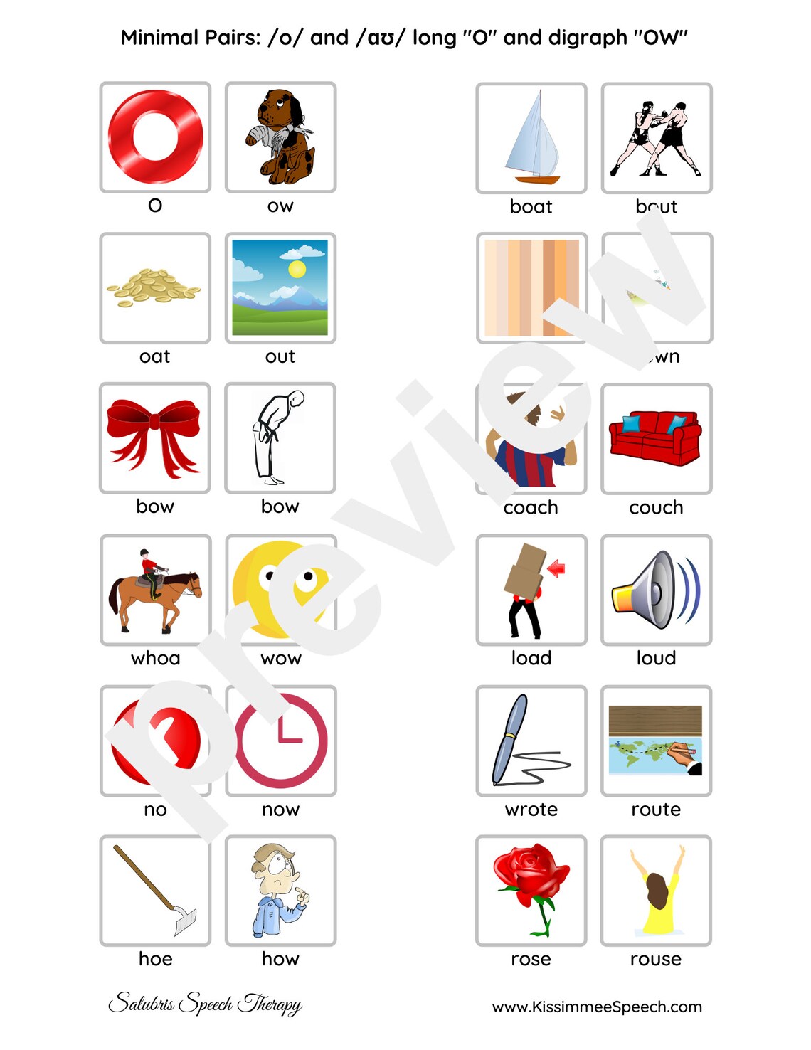 Minimal Pairs - Long O & OW Vowels - Speech Therapy Articulation ...