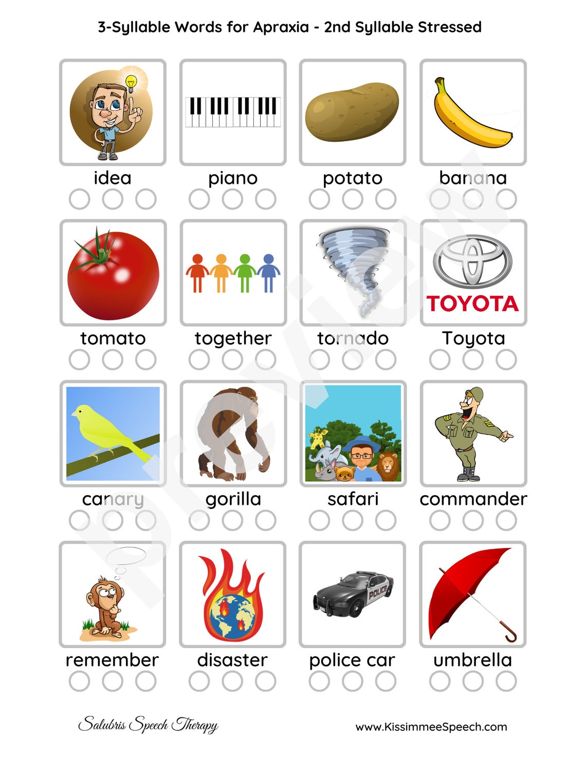 3-syllable Words for Apraxia 128 Words Speech Therapy Worksheets - Etsy