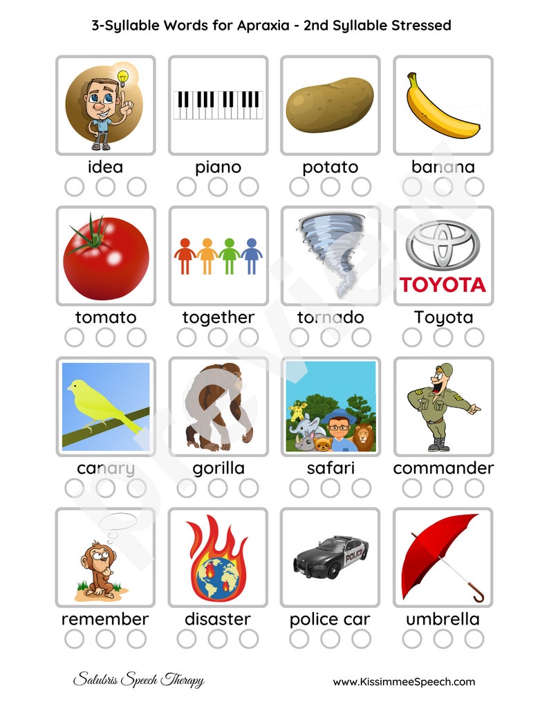 3-syllable Words for Apraxia 128 Words Speech Therapy Worksheets - Etsy