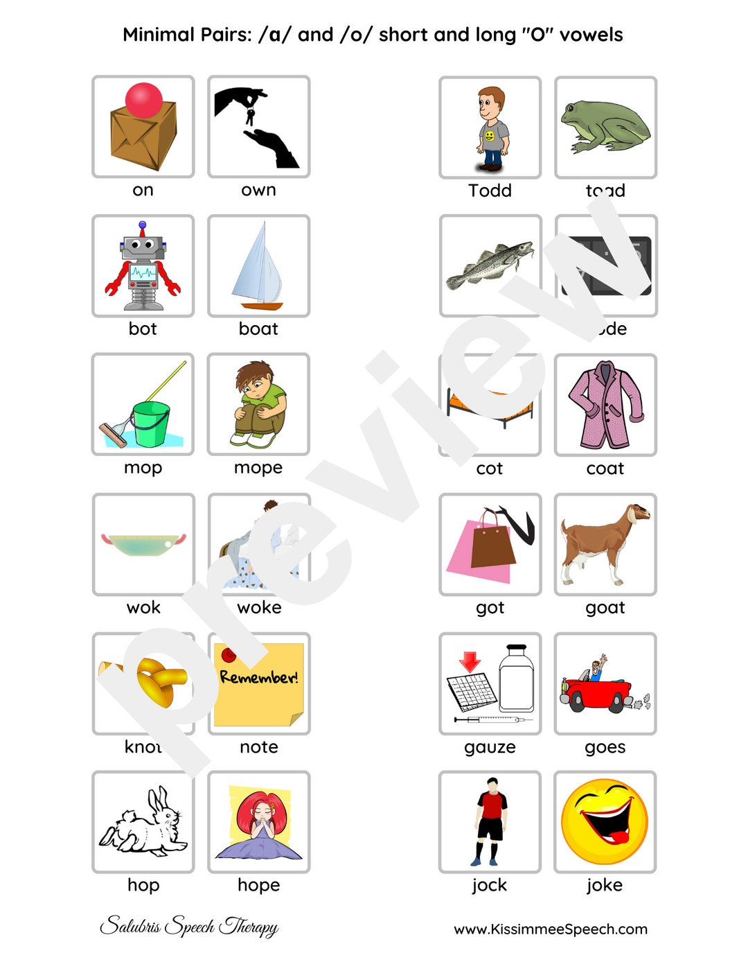 Minimal Pairs - Short/long O Vowels - Speech Therapy Articulation ...