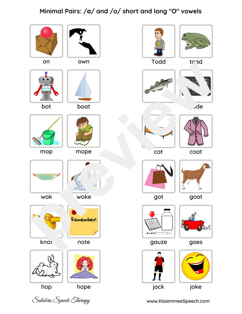 Minimal Pairs - Short/long O Vowels - Speech Therapy Articulation ...