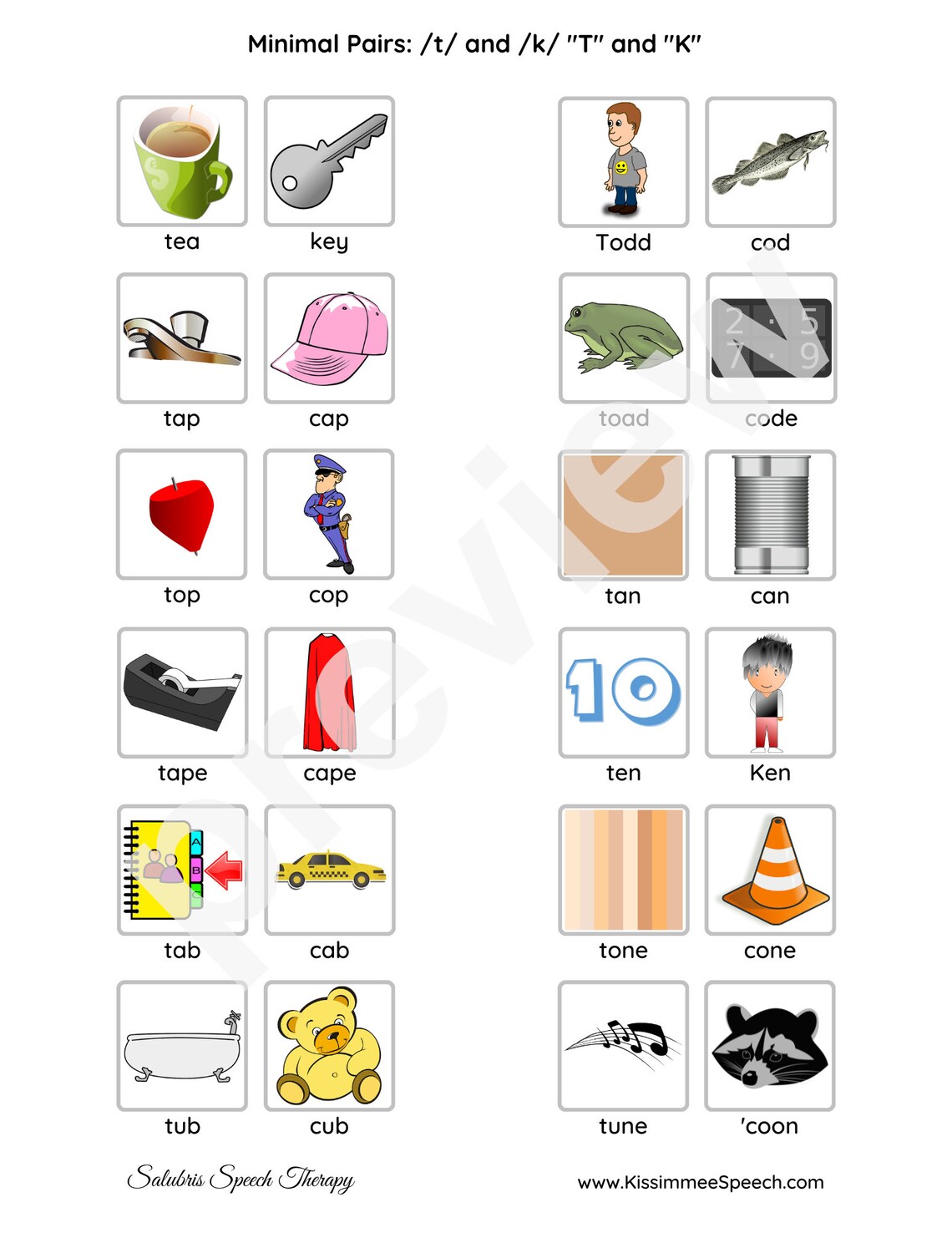 Minimal Pairs for "t" & "k" Phonemes for Speech Therapy Practice - 5 ...