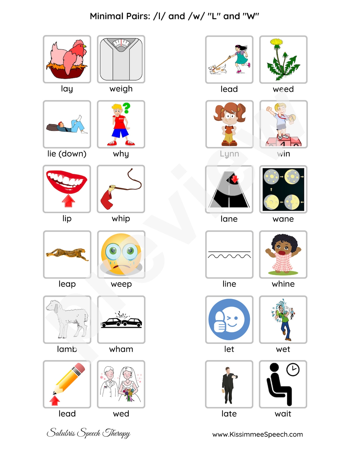 Minimal Pairs for "l" and "w" Phonemes for Speech Therapy Practice - 2 ...