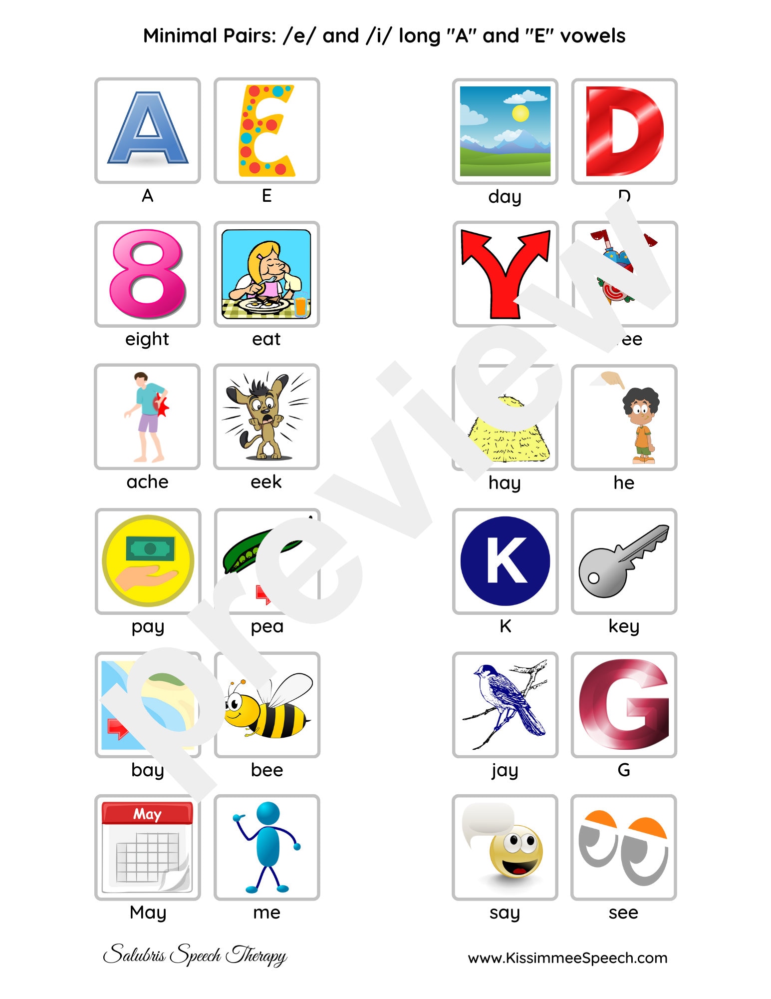 Minimal Pairs - Long A & E Vowels - Speech Therapy Articulation ...