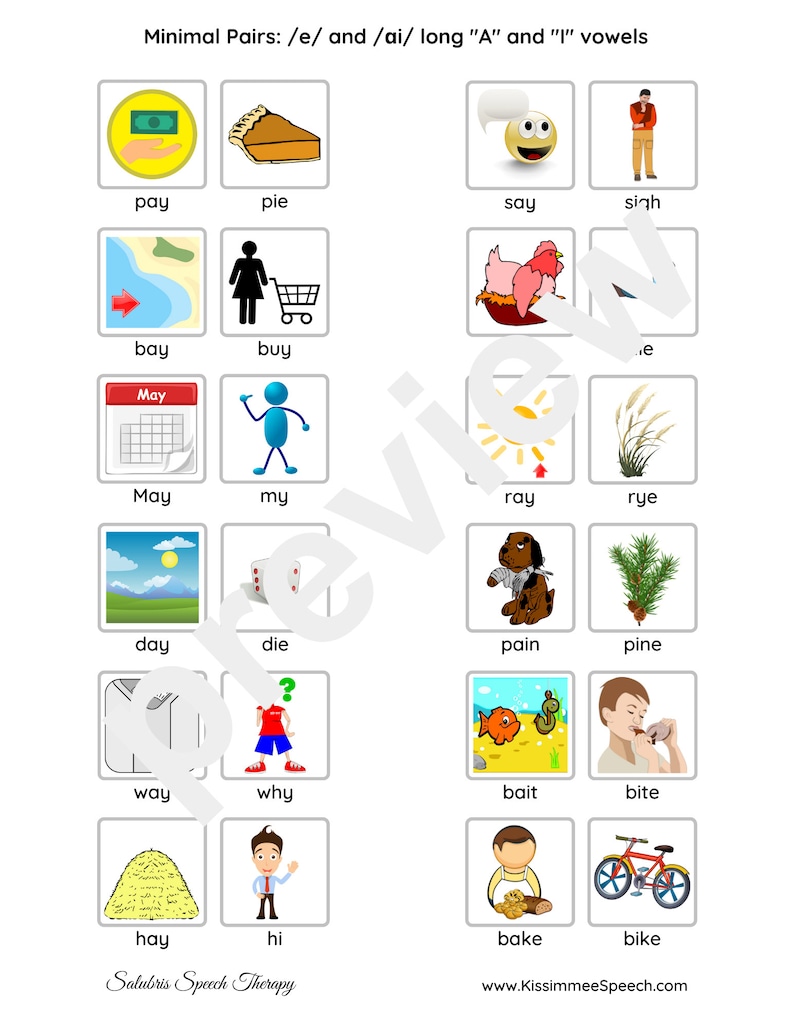 Minimal Pairs - Long A & I Vowels - Speech Therapy Articulation ...