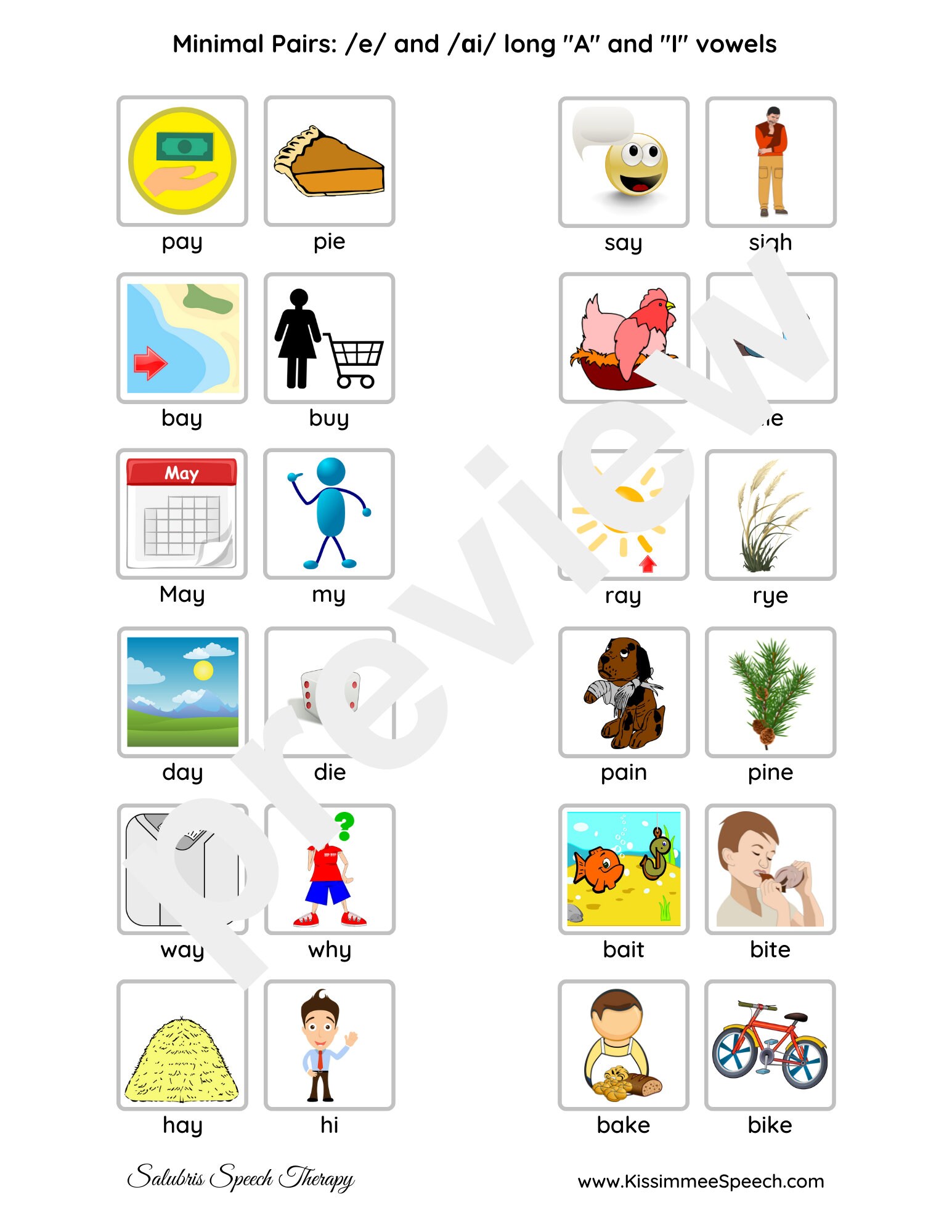 Minimal Pairs - Long A & I Vowels - Speech Therapy Articulation ...