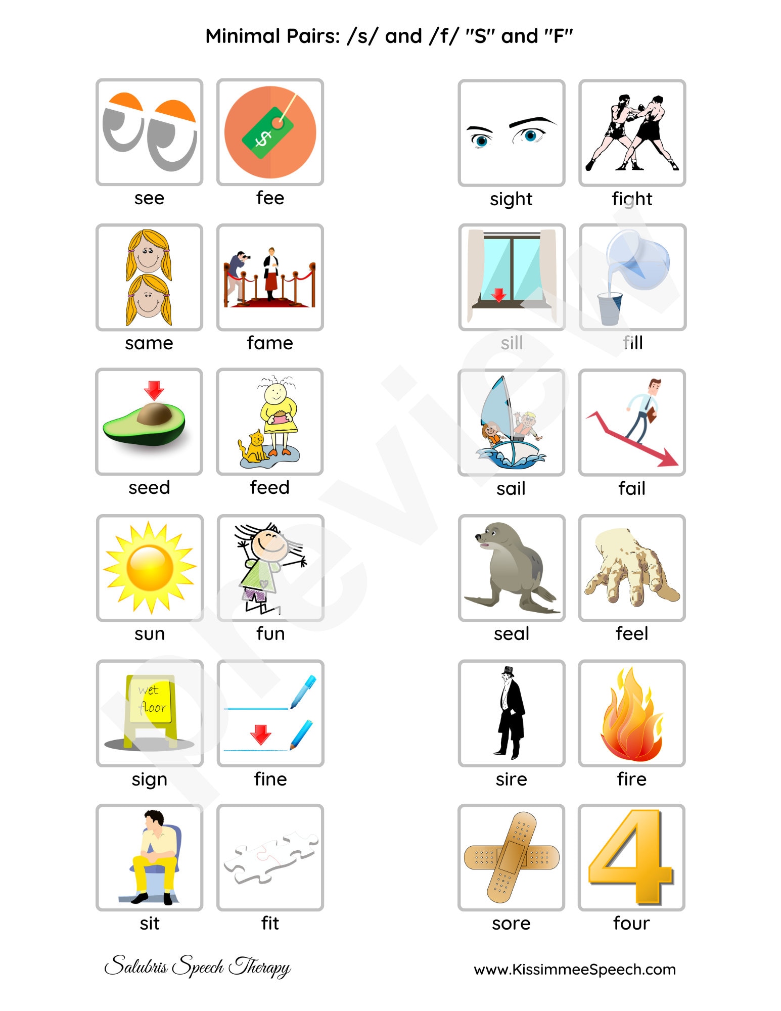 Minimal Pairs for "s" and "f" Phonemes for Speech Therapy Practice - 2 ...