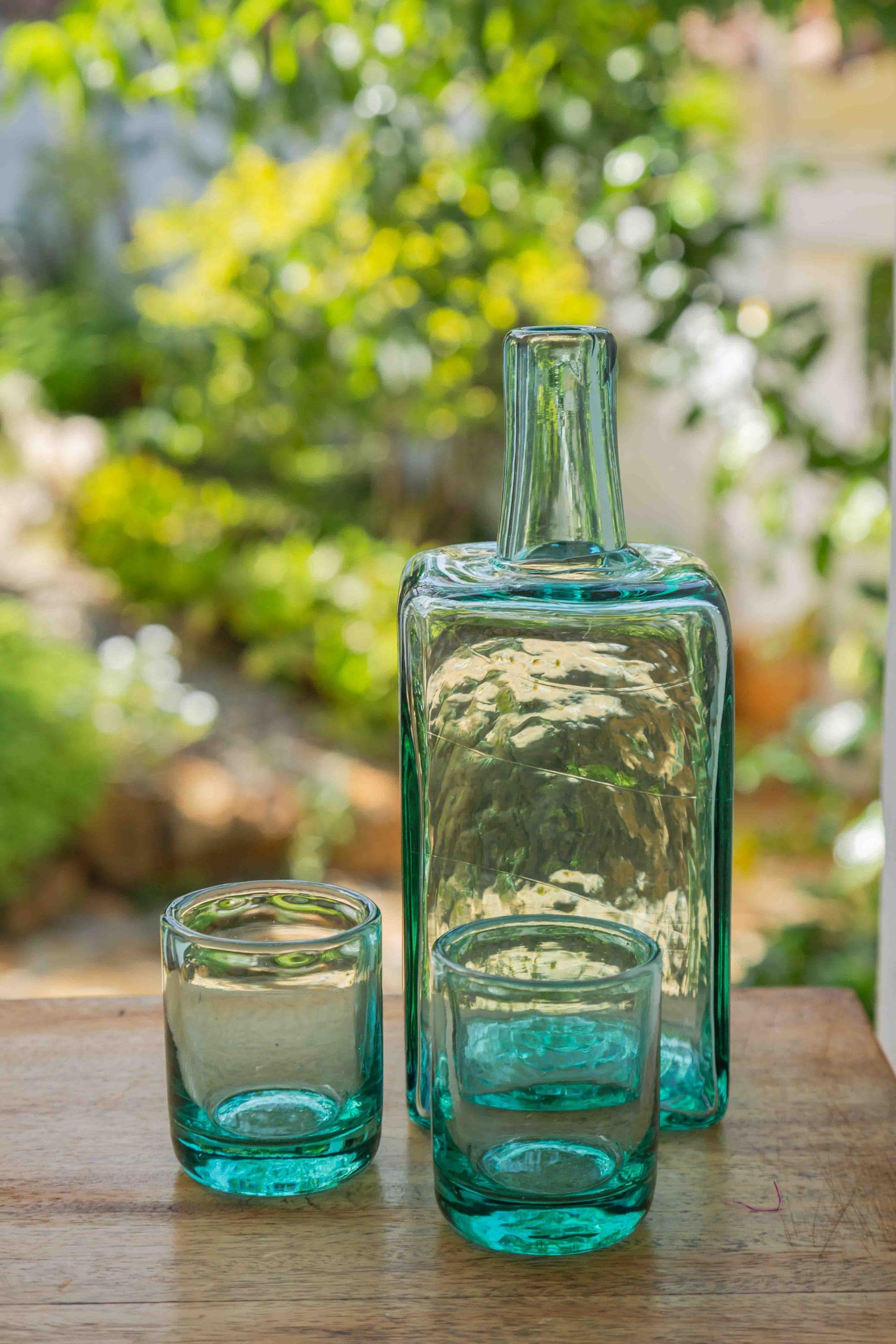Hand Blown Recycled Glass Carafe and Tumblers: Turquoise Bedside Set - Etsy