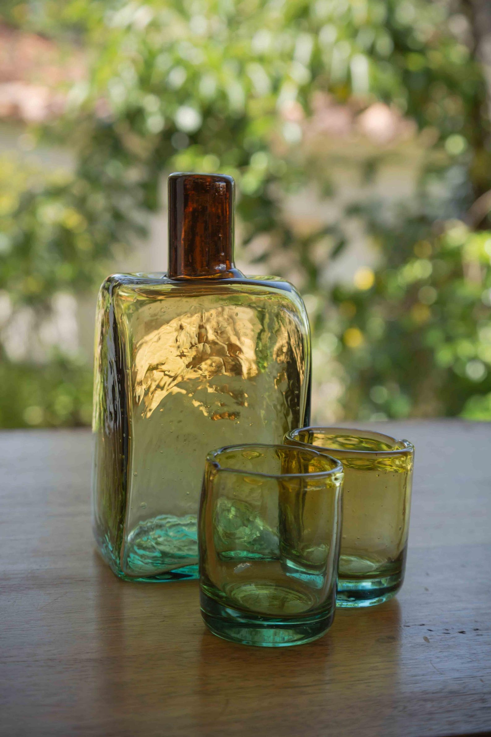 Recycled Glass Bedside Carafe Set – Amber and Aqua Hand Blown Water ...