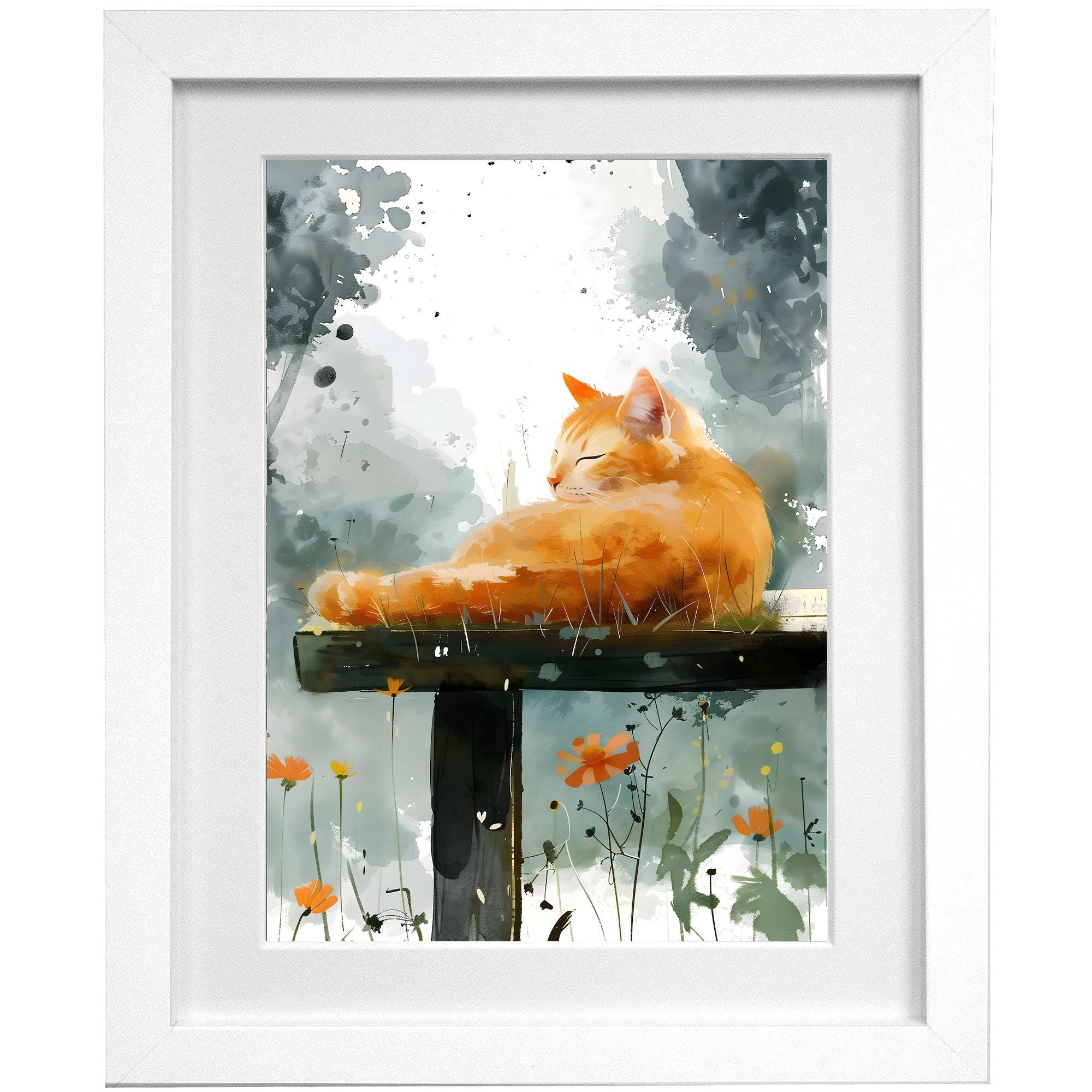 Cozy Orange Cat Digital Watercolor Painting | Relaxed Feline Wall Art ...