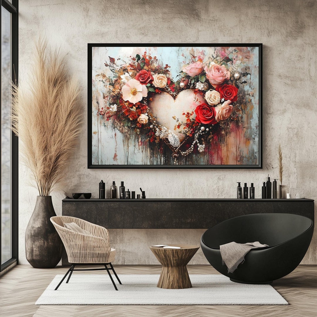 Romantic Victorian Heart Digital Art, Vintage Floral Wall Print ...
