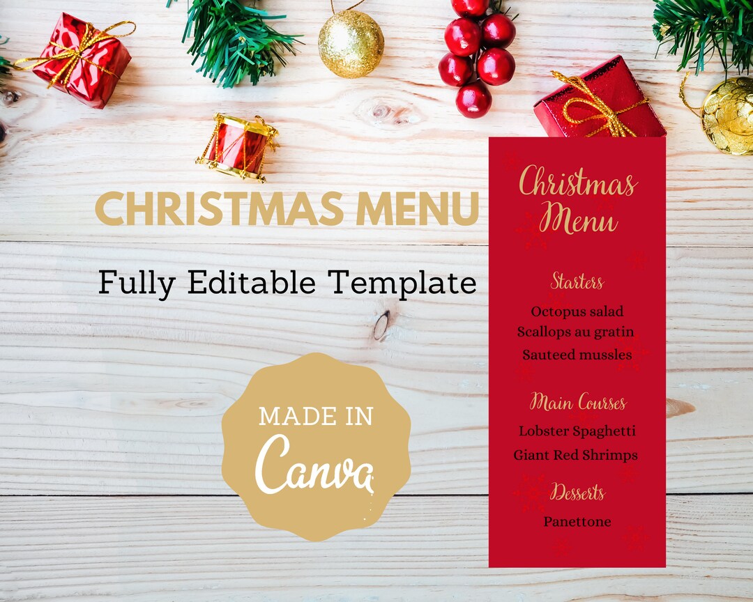 Christmas Menu Editable Template, Red Holiday Menu, Editable ...