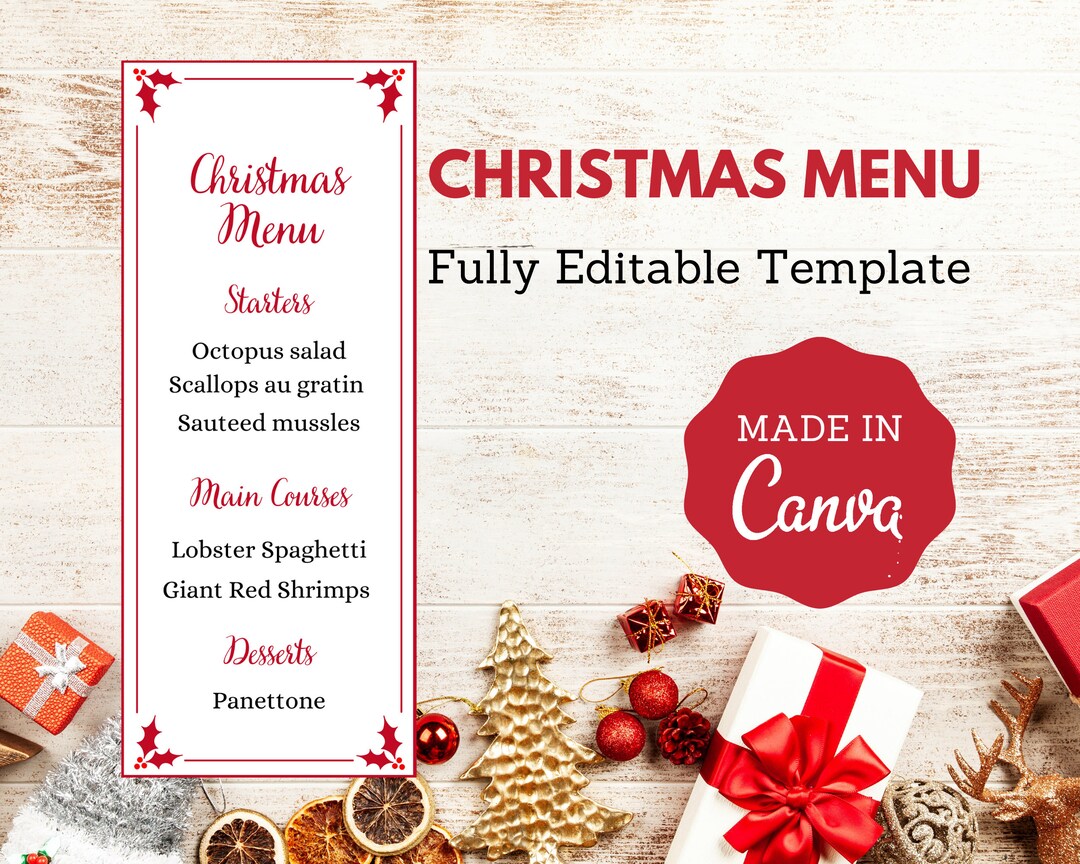 Christmas Menu Editable Template, Minimalist Holiday Menu, Editable ...