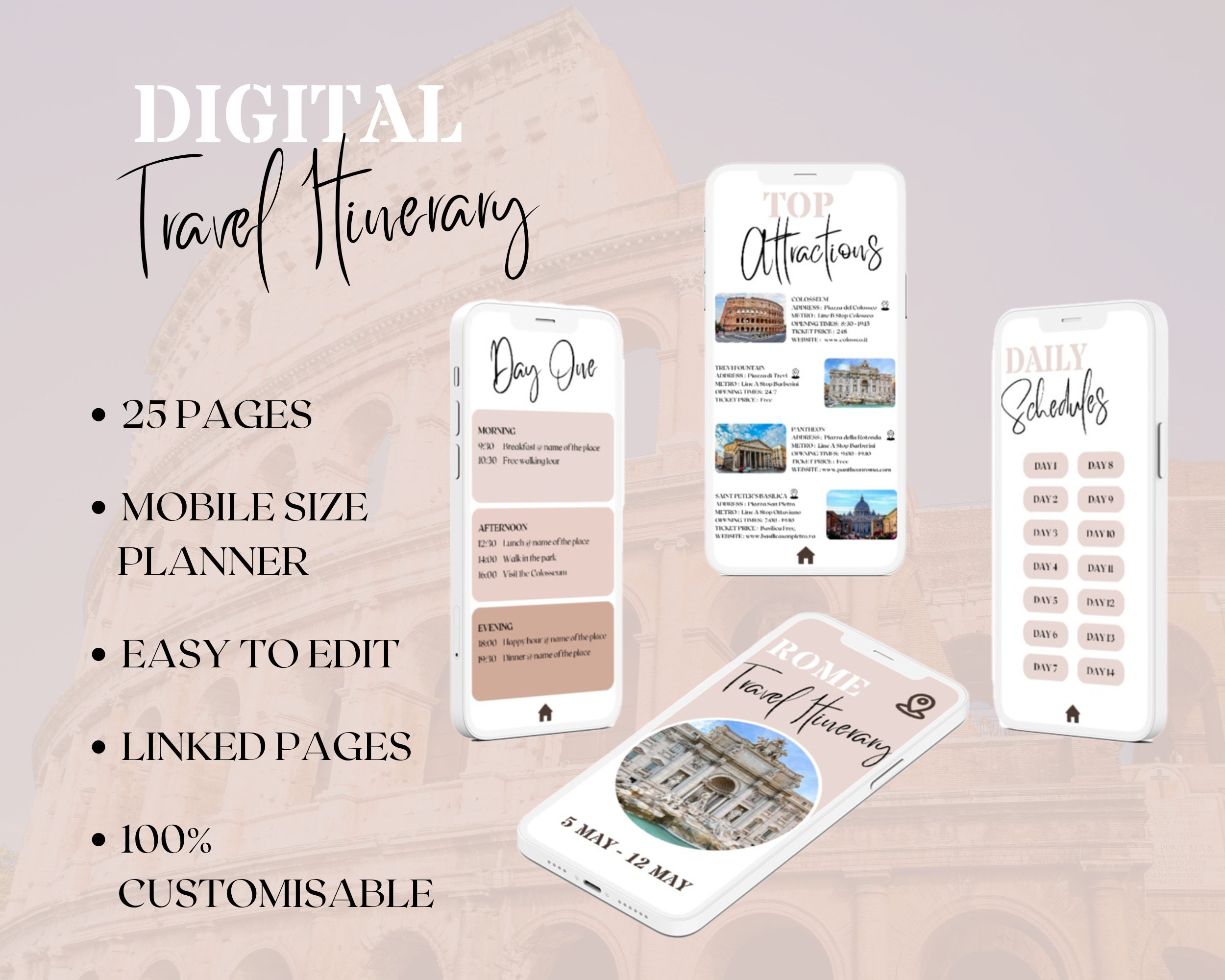 Travel Itinerary Template - Mobile Itinerary - Editable Travel Planner ...
