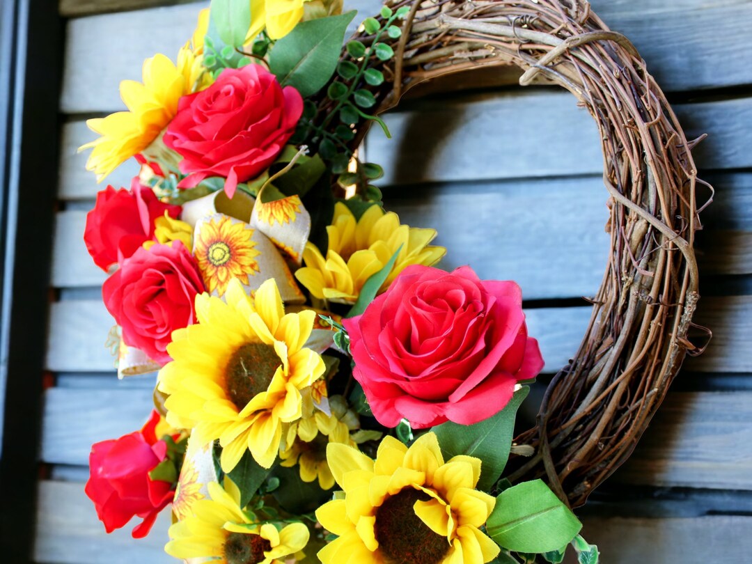 Sunflower Door Wreath Summer Front Door Hanger Red Rose Porch Decor ...