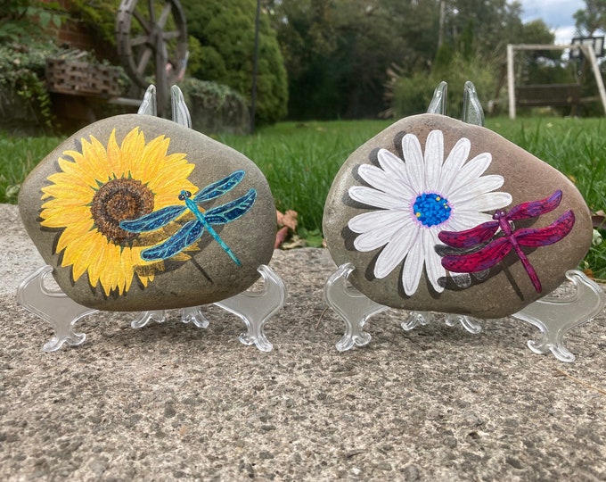 Sunflower Painted Rocks, Hand Painted Stones for Garden, Original ...