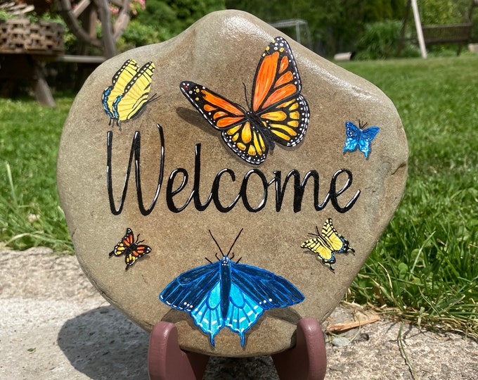 Welcome Butterfly Painted Rock; Welcome Rock; Welcome Sign; Garden ...