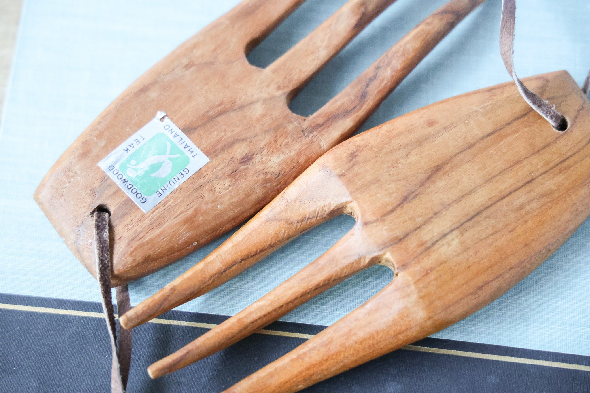 Vintage Mid Century Modern Teak Wooden Claws Serving Forks With Leather ...