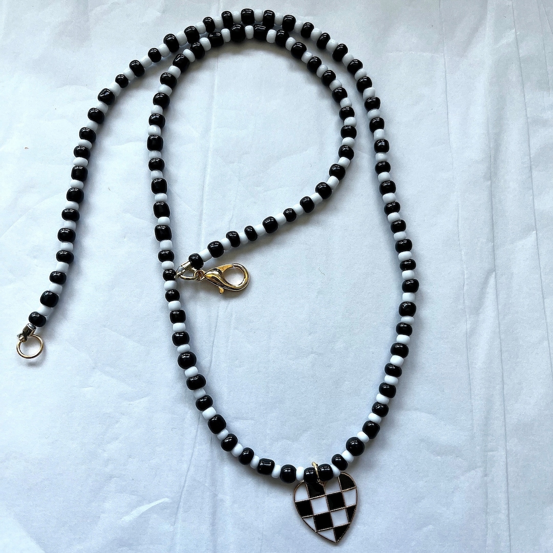 Emo Girl Neckkace / Black and White Seed Bead Necklace With Checkered ...