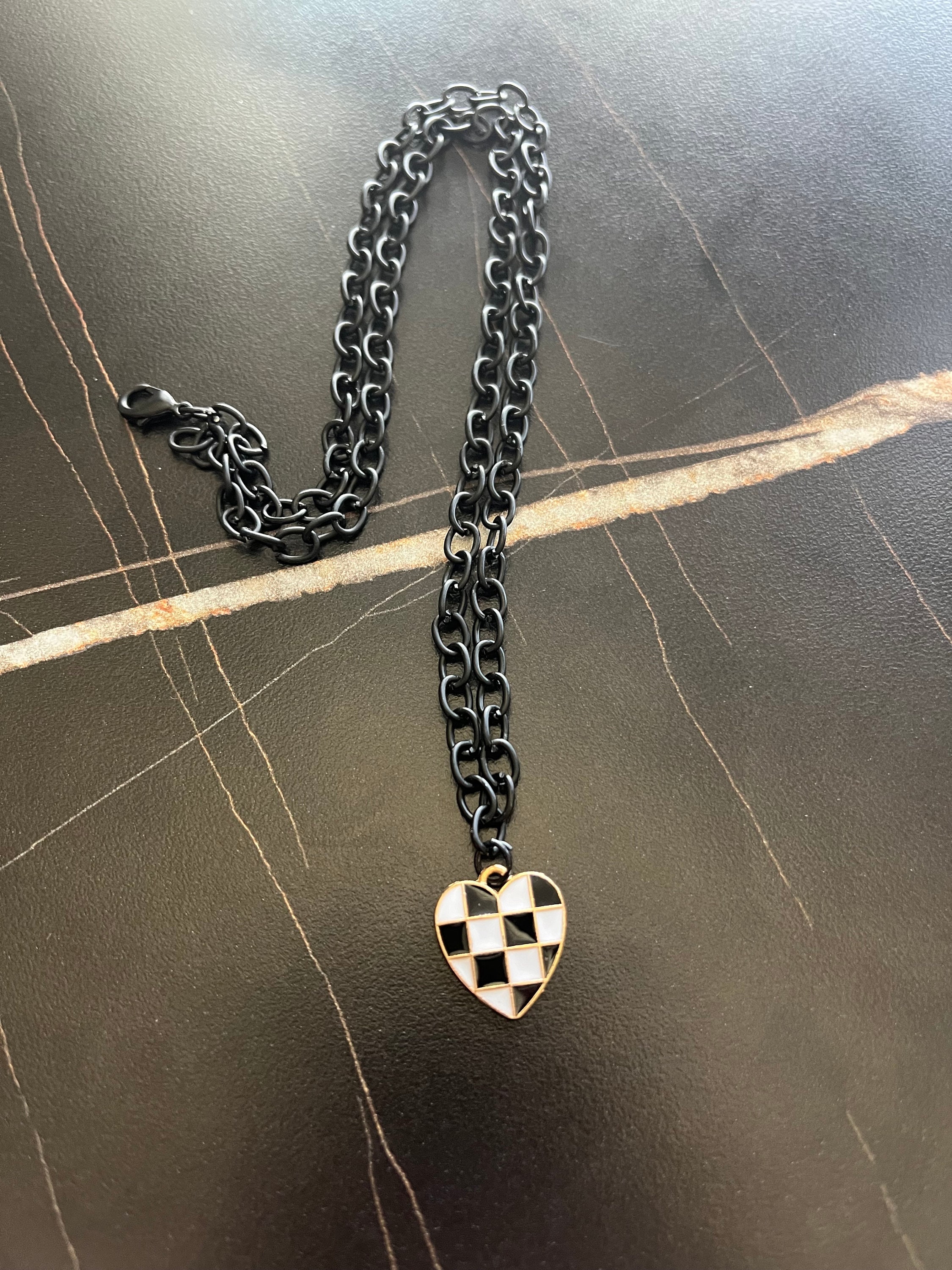 Edgy Black Charm Necklace With Checkered Charm Black Chain - Unique Emo ...
