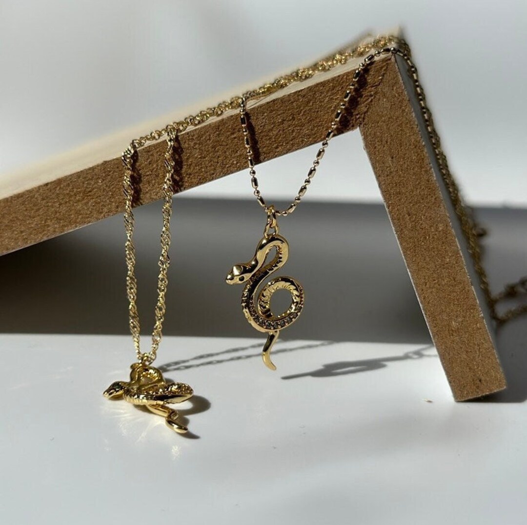 Gold Snake Necklace, Snake Charm Necklace, Serpent Necklace, Snake ...