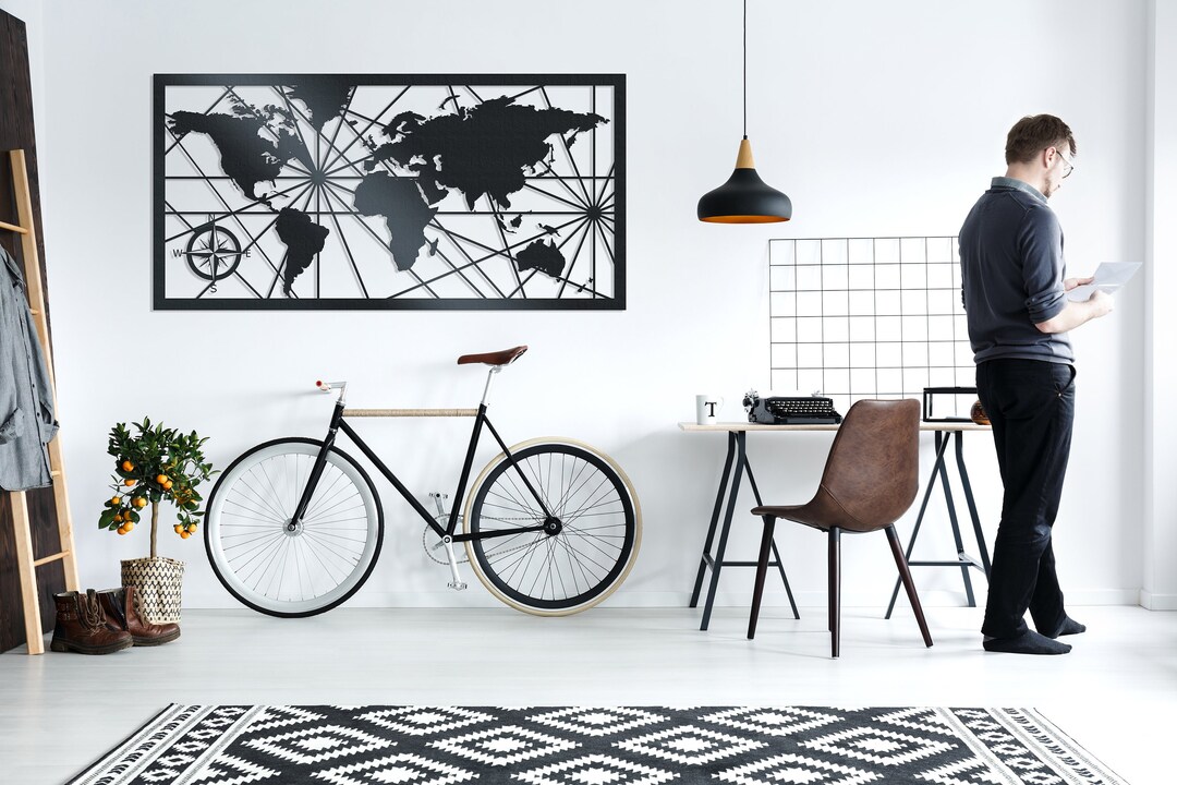 World Map Metal Wall Art | Large Metal World Map Decor With Compass ...