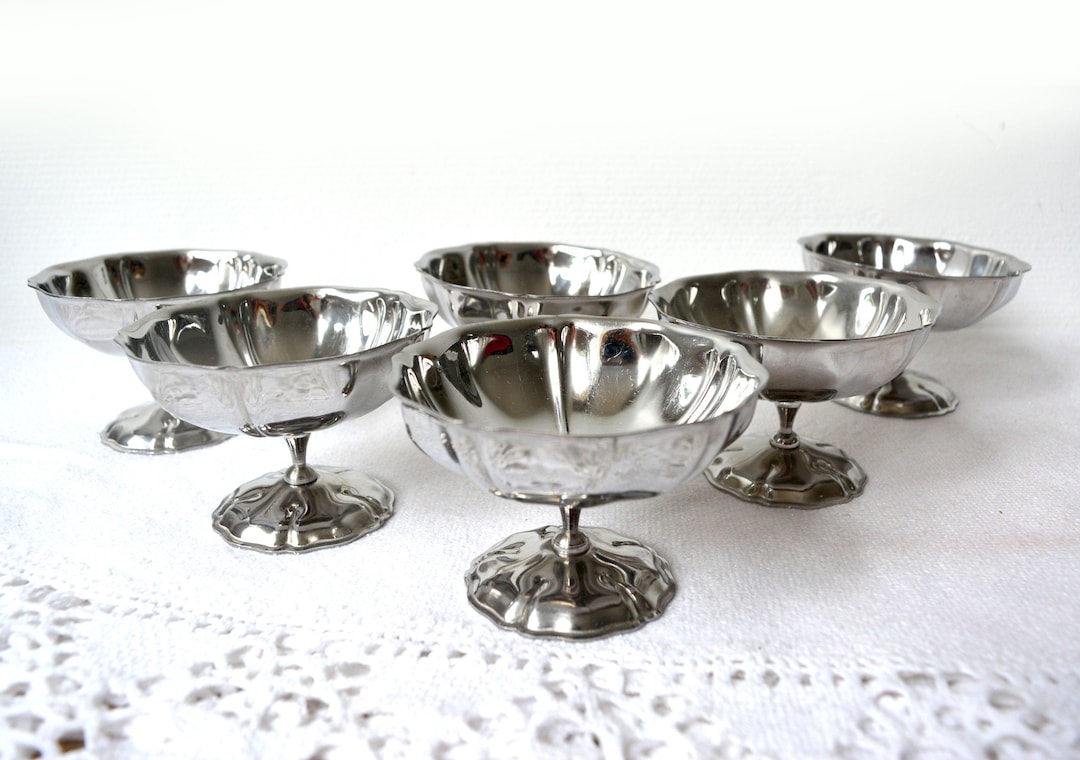 Set of 6 French Vintage Ice Cream Cups, Stainless Steel Footed Dessert ...