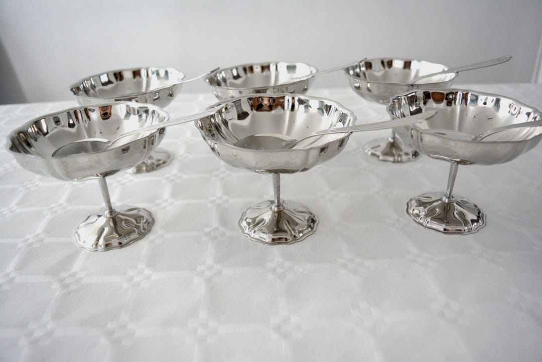 Set of 6 Large French Vintage Ice Cream Cups, Stainless Steel Footed ...
