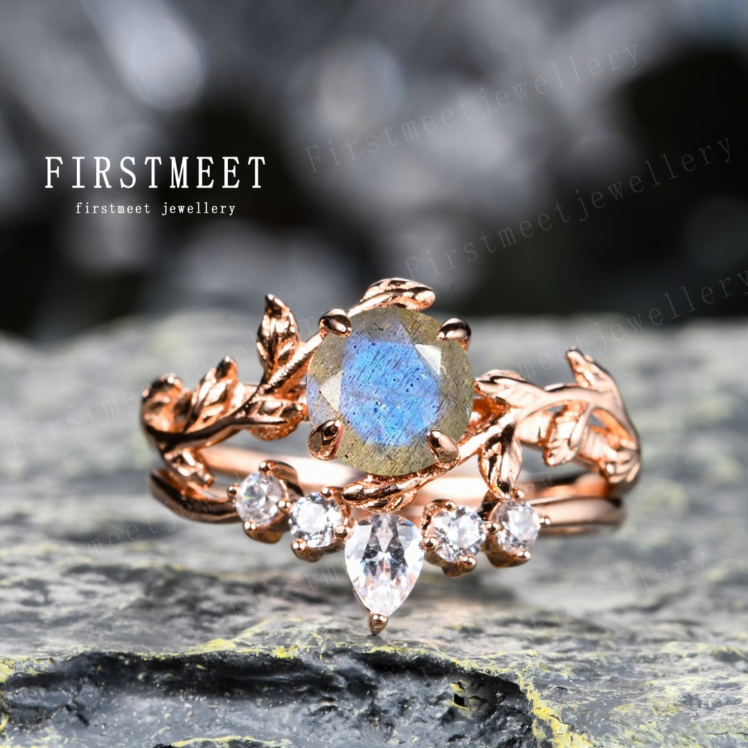 Vintage Labradorite Engagement Ring Set Antique Vine Twig Wedding Ring ...