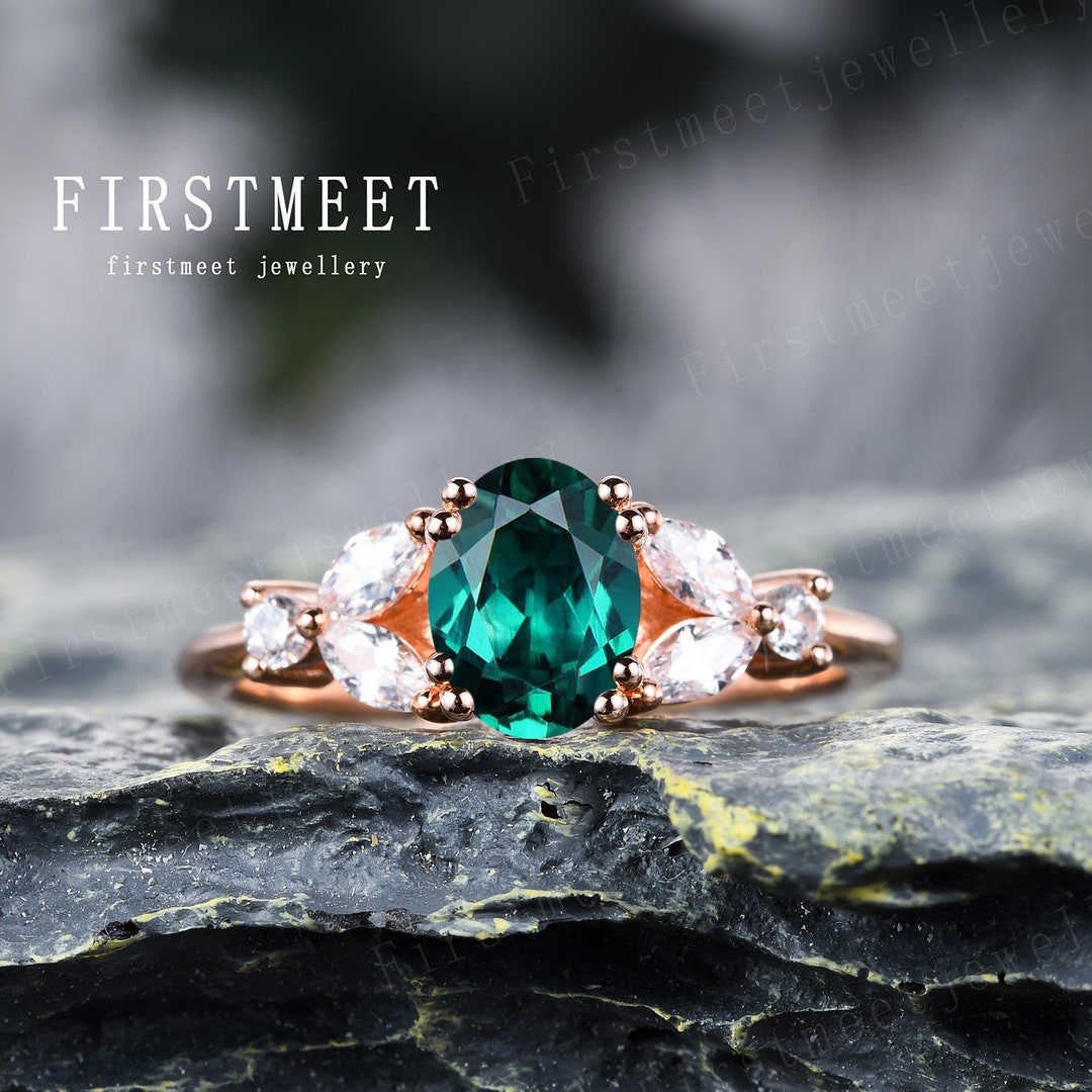 Silver Emerald Engagement Ring, Oval Engagement Ring, Art Deco Emerald ...