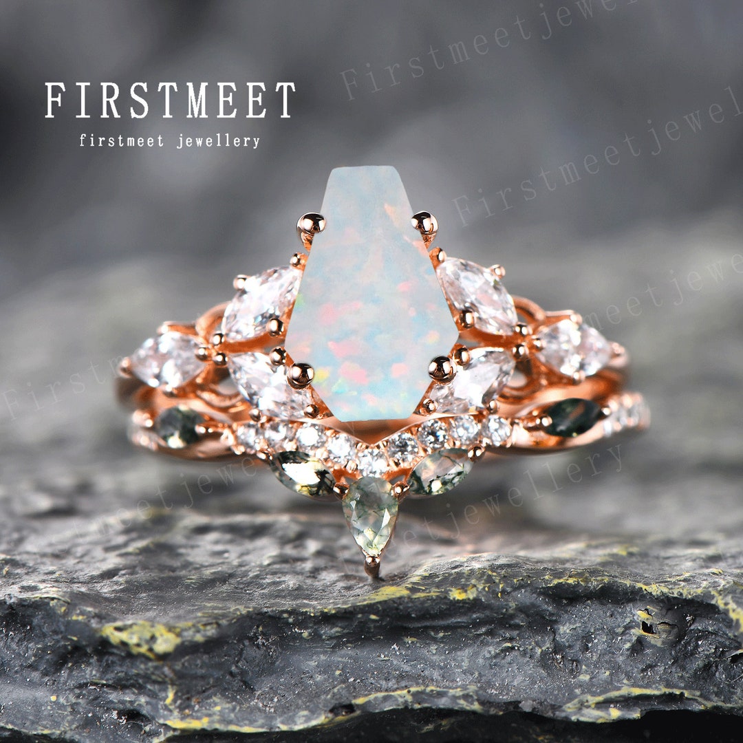 Dainty Opal Engagement Ring Set Coffin Shaped Opal Ring Rose Gold Green ...