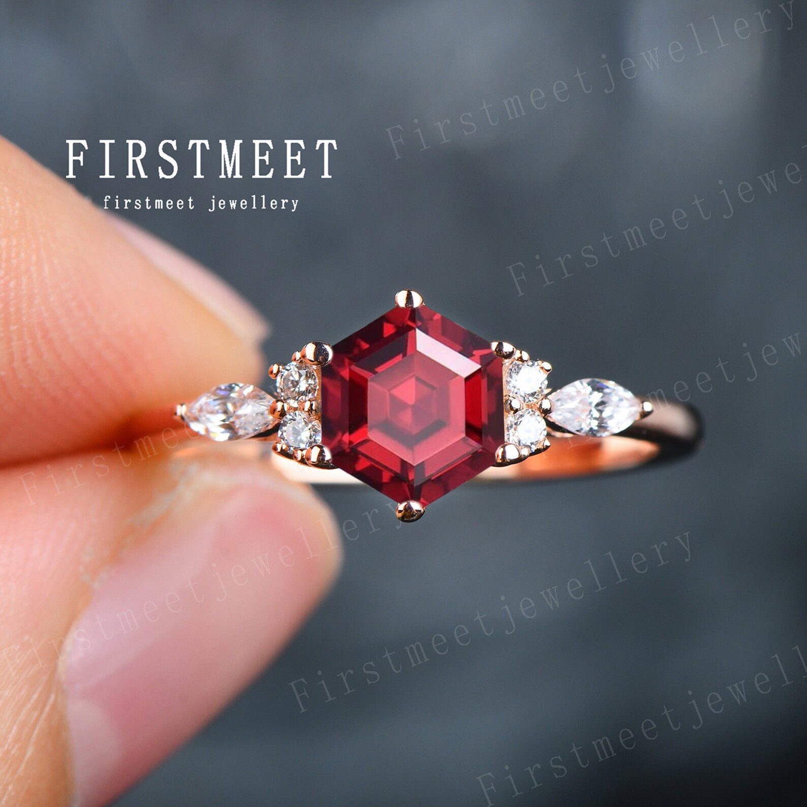 Hexagon Cut Red Ruby Ring Unique Ruby Engagement Ring July Birthstone ...