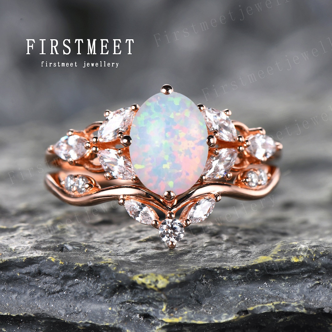 Unique Opal Engagement Ring Set Oval Cut White Fire Opal Ring Art Deco ...