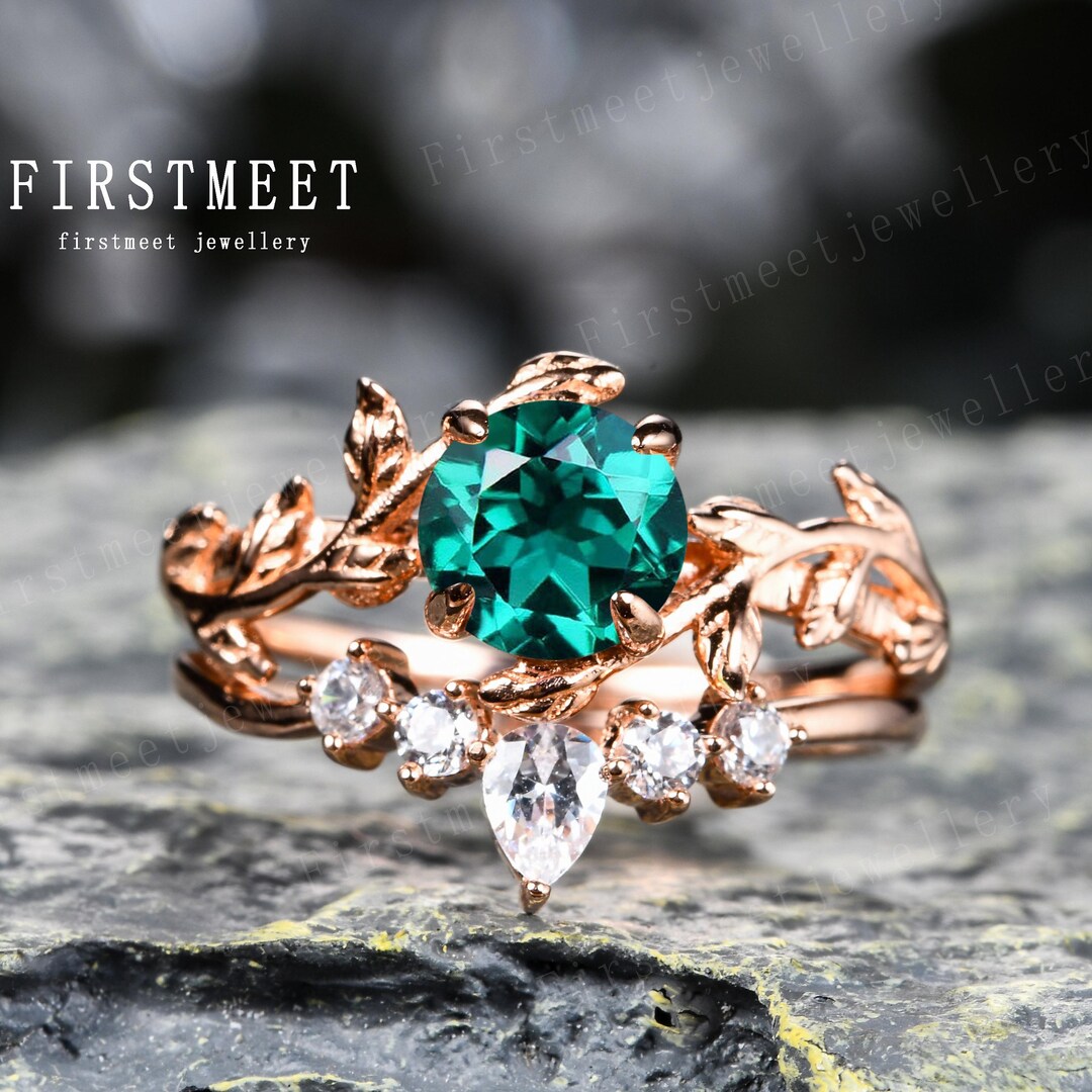 Antique Emerald Wedding Ring Set, Unique Branch Wedding Band, Curve ...