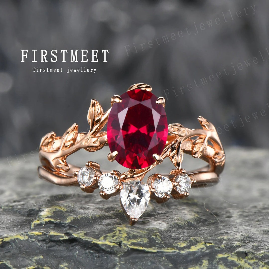 Unique Ruby Engagement Ring Set Cluster Branch Leaf Garnet Engagement ...