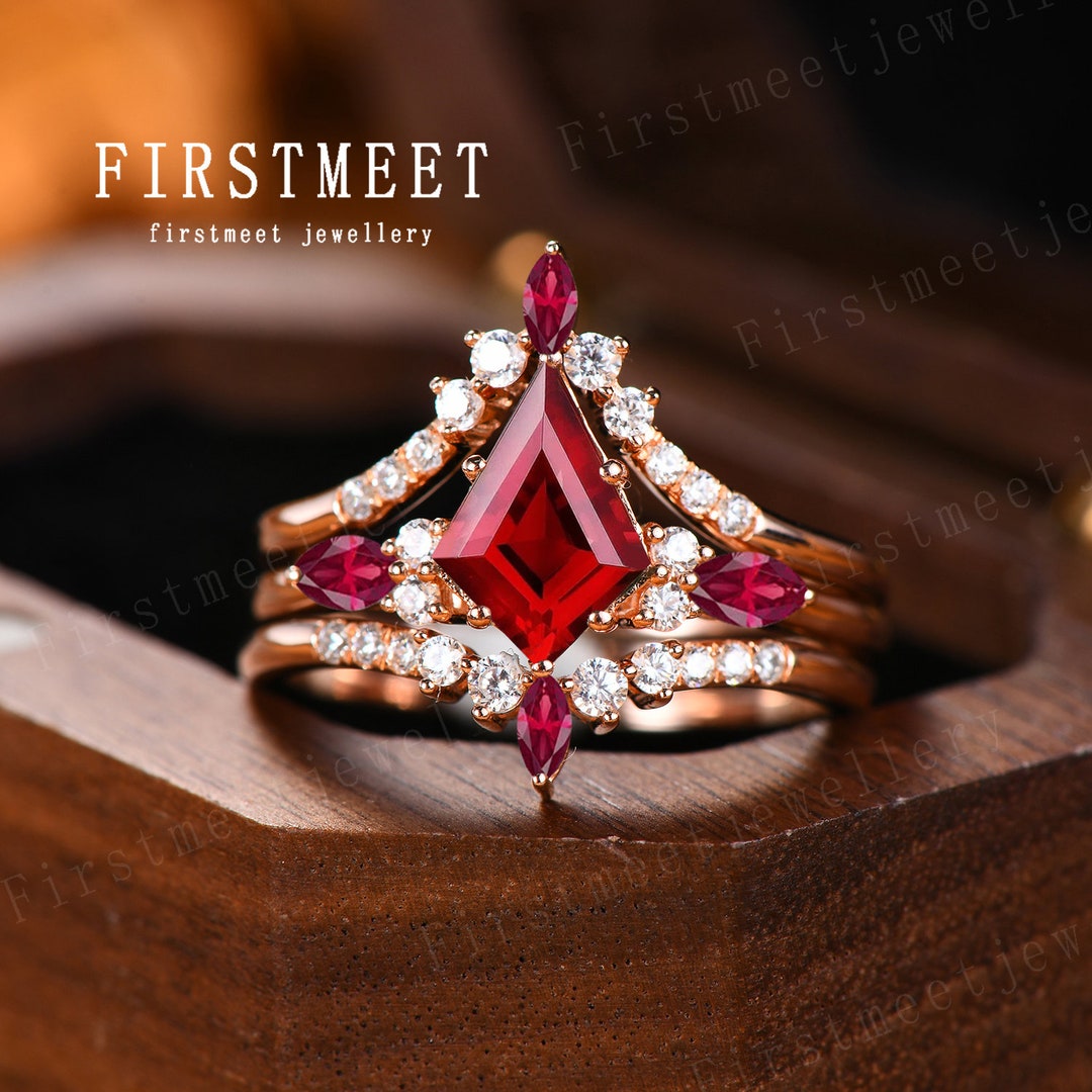 Vintage Kite Cut Red Ruby Engagement Ring Solid 14K Rose Gold Tiara ...