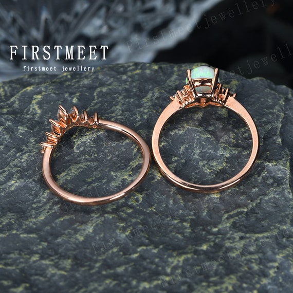 Tiara Emerald Wedding Ring Set Art Deco Emerald Engagement Ring Diamond Curve Wedding Band Stack Bridal Set Emerald Promise Ring Set