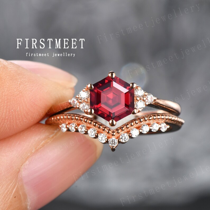 Ruby Engagement Ring Set Ruby Gemstone Jewelry Unique Rose - Etsy